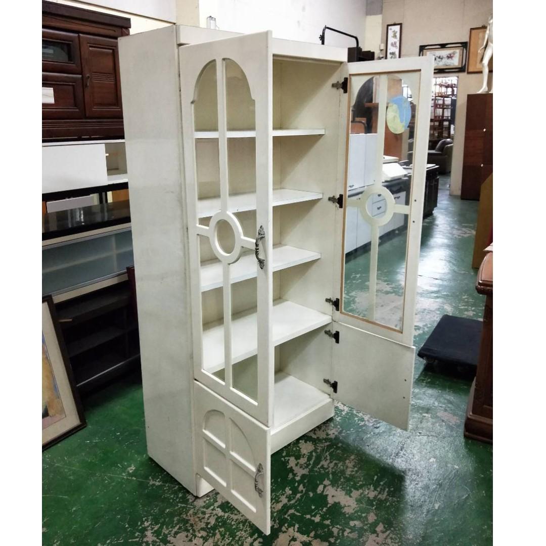 東鼎二手家具 美式鄉村風 烤白3x6尺玻璃雙門書櫃 雙門書櫃 置物櫃 收納櫃 酒櫃 展示櫃 櫥櫃 屏風櫃 收藏櫃 家具及居家用品 家具