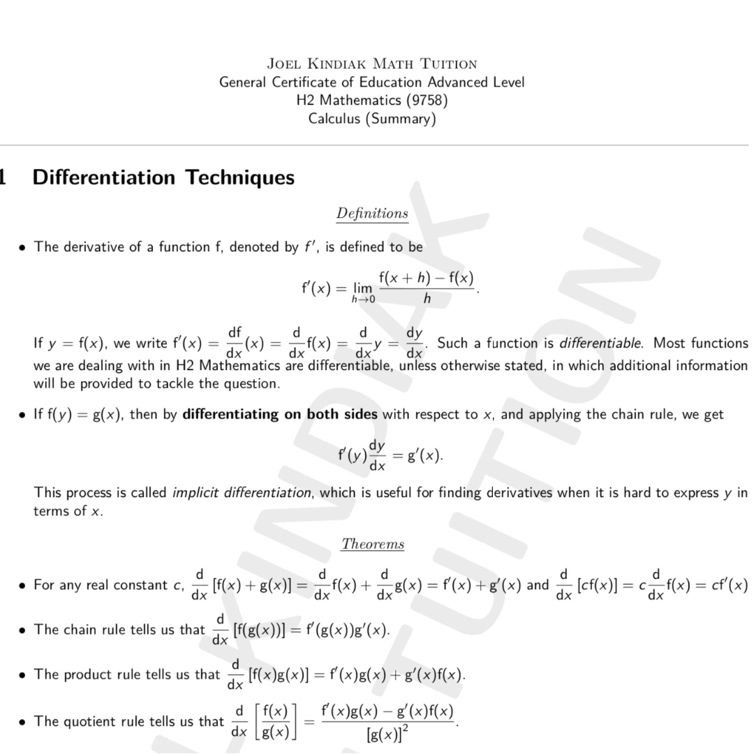 H2 Math A Level Calculus Summary Collection Everything Else On Carousell