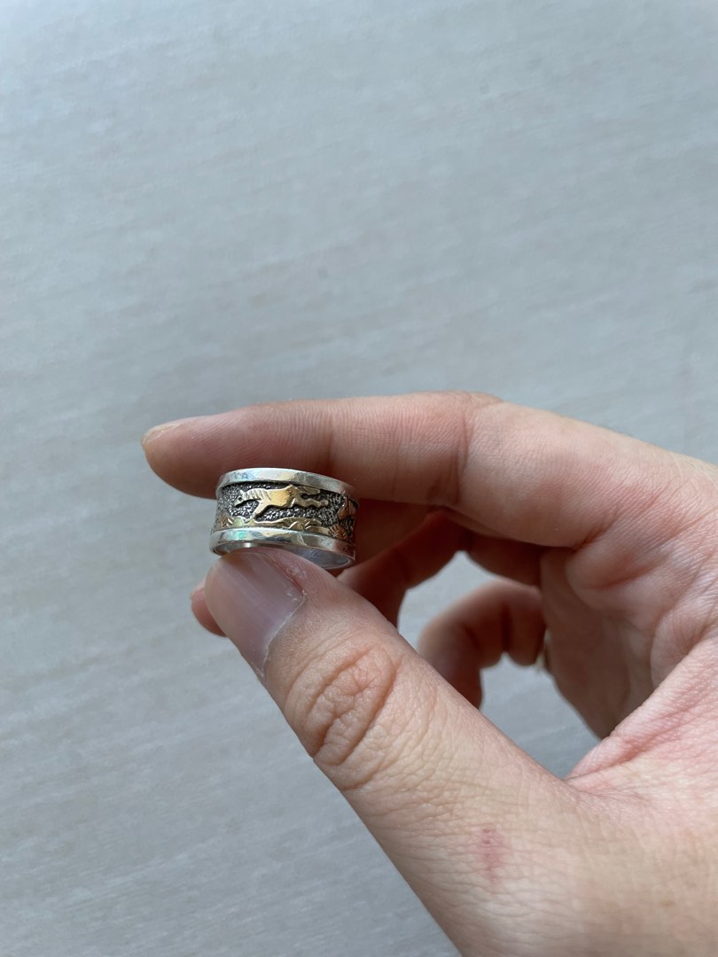 美國印地安銀匠手作 純銀 12k金戒指 日圍13 她的時尚 珠寶飾品與收納 戒指在旋轉拍賣