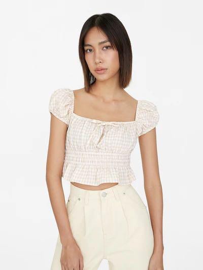 Pomelo Gingham Cream Crop Women S Fashion Tops Blouses On Carousell