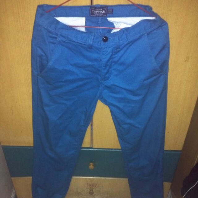 Topman Blue Slim Chino Pants, Men's Fashion, Bottoms, Chinos on Carousell