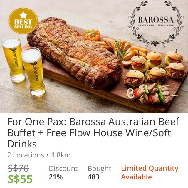 (x2) Barossa Bar Australian Beef Buffet With Free Flow Housewine/Soft drinks Voucher, Tickets ...