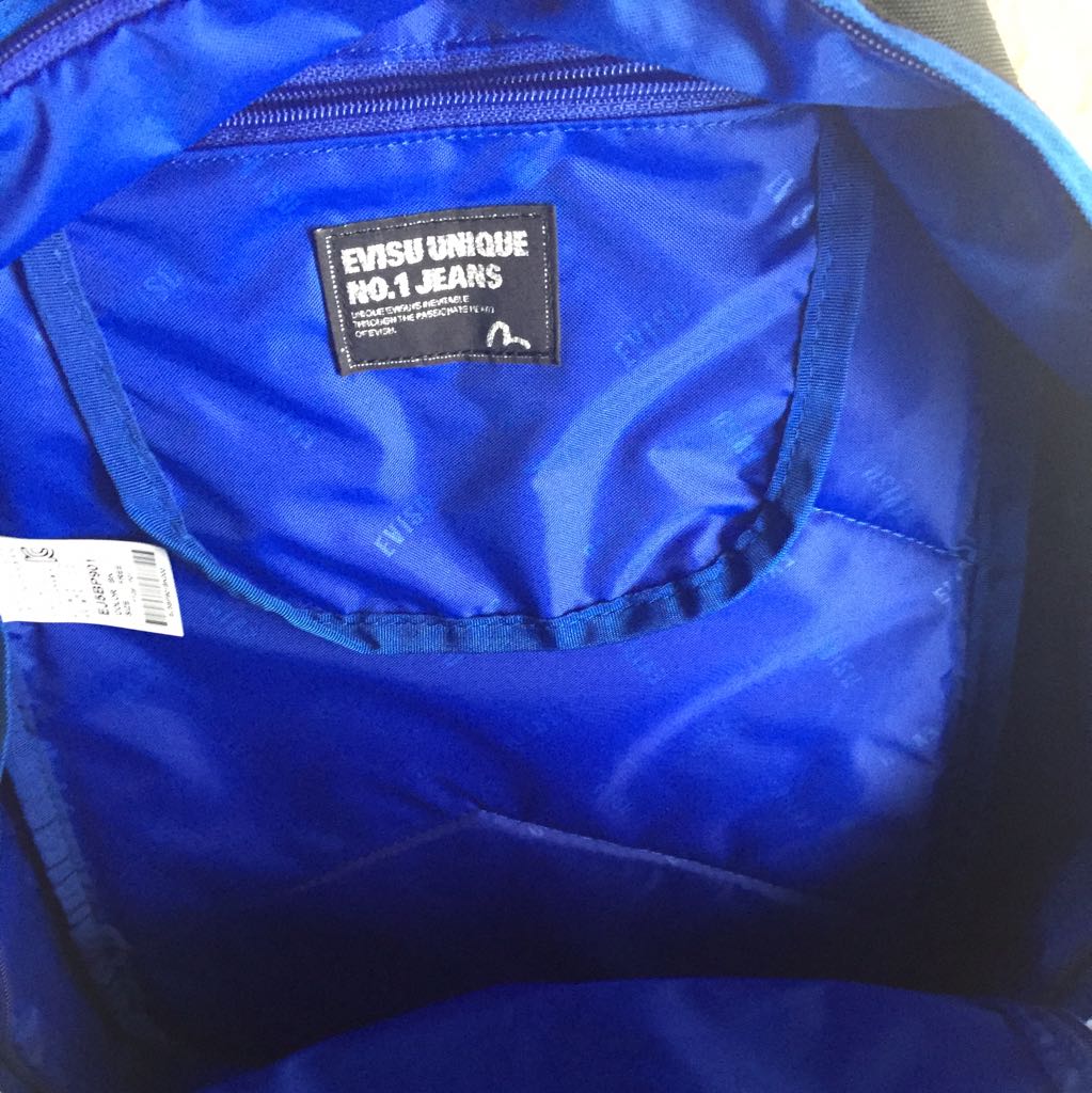 Evisu Backpack Black With Blue Seam, Everything Else on Carousell