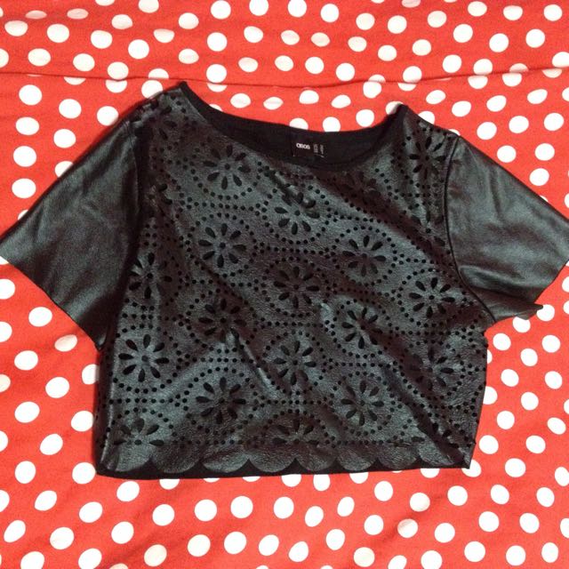 ASOS Cropped Black PVC Eyelet Cutout Top, Women's Fashion, Tops ...