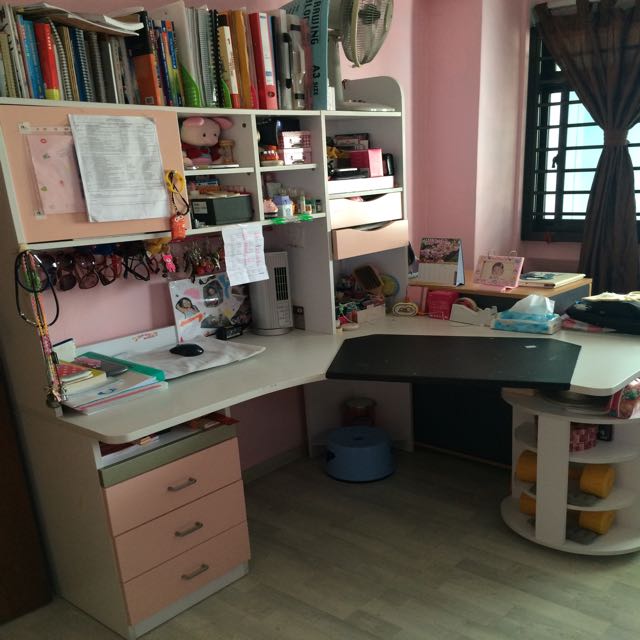 Sweet Pink L-Shape Study Table, Furniture & Home Living, Furniture ...