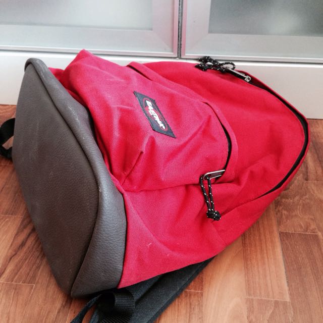 Eastpak backpack red ripstop nylon with brown leather base, Men's ...