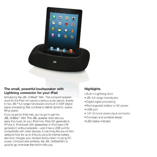 JBL OnBeat Mini iPhone/iPad Dock, Computers & Tech, Parts & Accessories ...