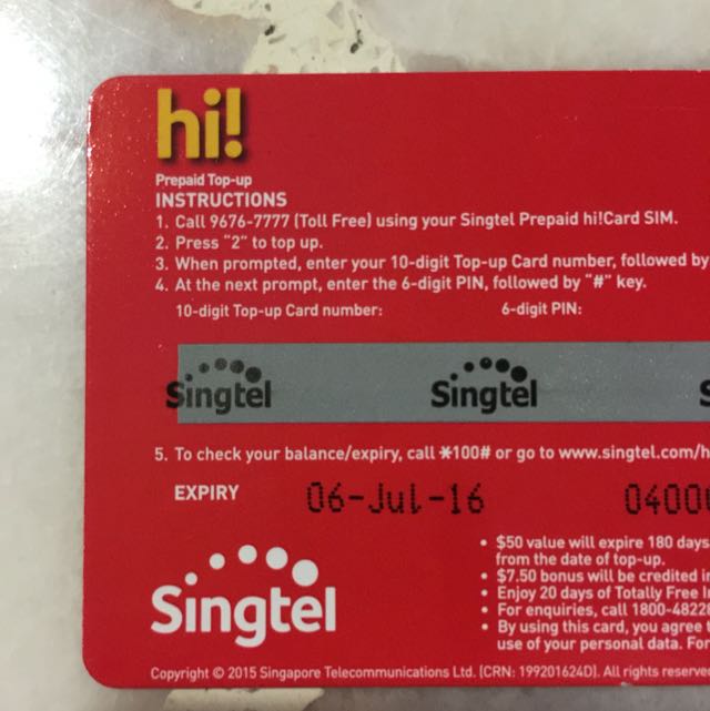 Singtel Hi! Prepaid Top-up Card $50, Hobbies & Toys, Memorabilia ...
