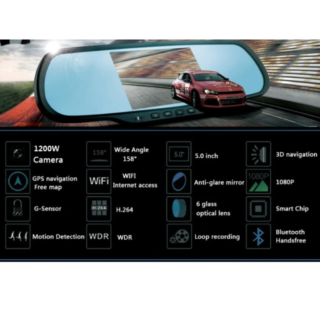 Android Car Rearview Mirror GPS DVR Bluetooth 5 inch Touchscreen WiFi ...