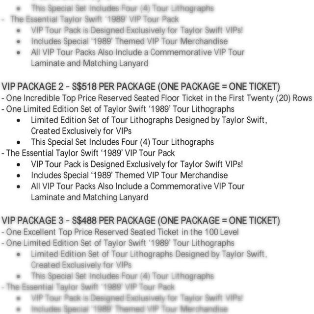 VIP PACKAGE 2 Taylor Swift 1989 Tour Singapore FLOOR seating, Tickets ...