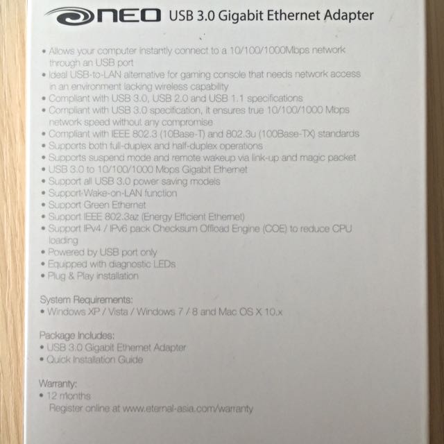 Neo USB 3.0 Gigabit Ethernet Adapter, Computers & Tech, Parts ...