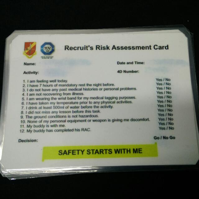 SAF Recruit's Risk Assessment Card, Hobbies & Toys, Stationery & Craft ...
