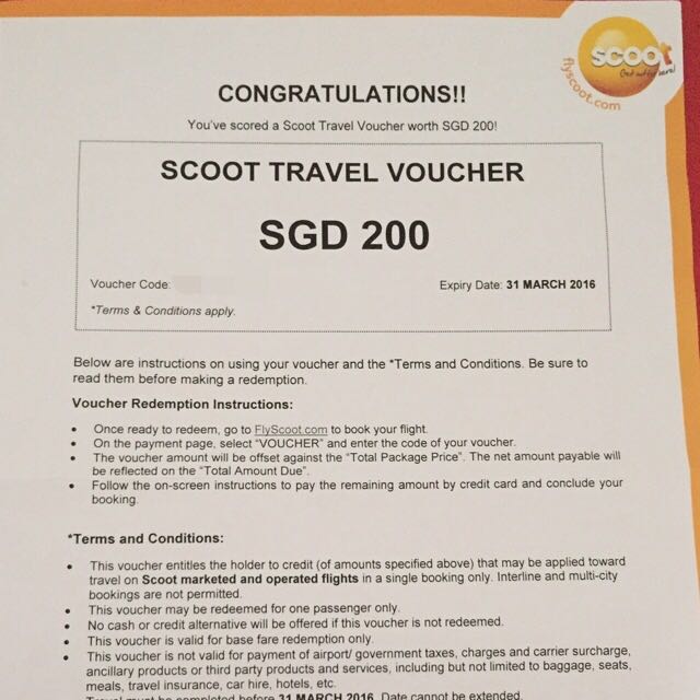 SGD 200 Scoot Voucher (2), Tickets & Vouchers, Vouchers on Carousell
