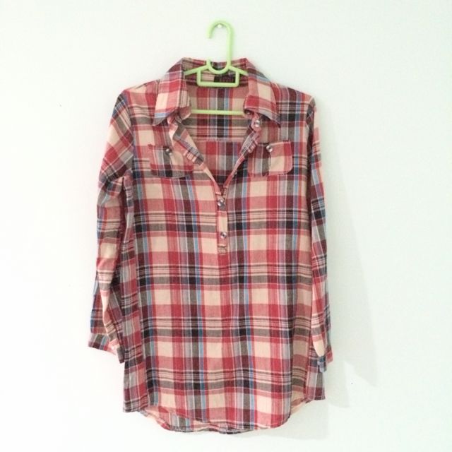 (Pending) 3/4 Sleeved Red Checkered Shirt, Women's Fashion, Tops ...