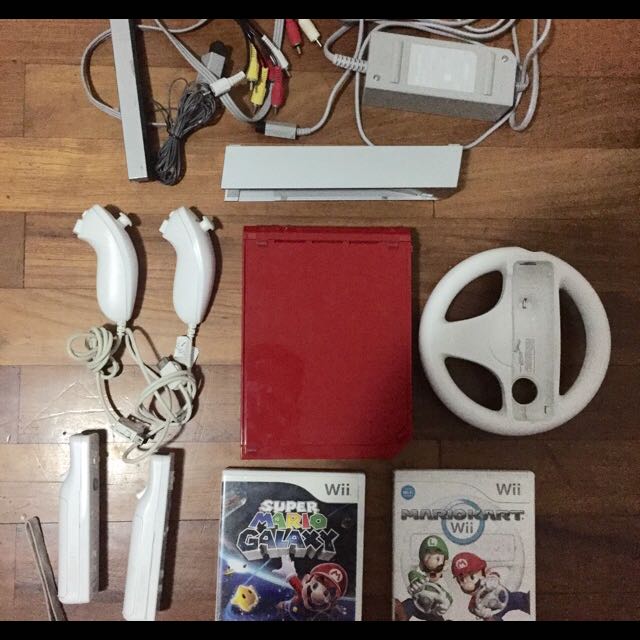 Nintendo Wii Red Set Complete With Super Mario Galaxy And Mario Kart ...