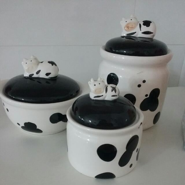 Set Of 3 Cute Cow Theme Porcelain Containers, Furniture & Home Living ...