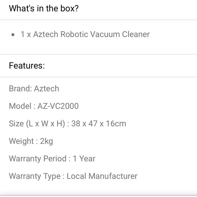 BNIB Aztec VC2000 Smart Robotic Vacuum Cleaner, Furniture & Home Living ...