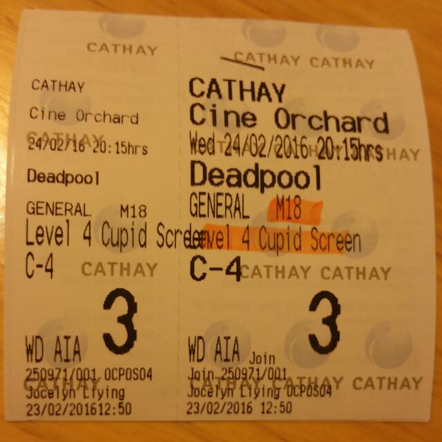 2 Deadpool Tickets For $10, Tickets & Vouchers, Event Tickets on Carousell