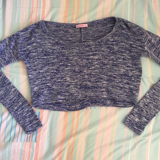 SUPRE Blue Knit Cropped Top With Long Sleeves, Women's Fashion, Tops ...