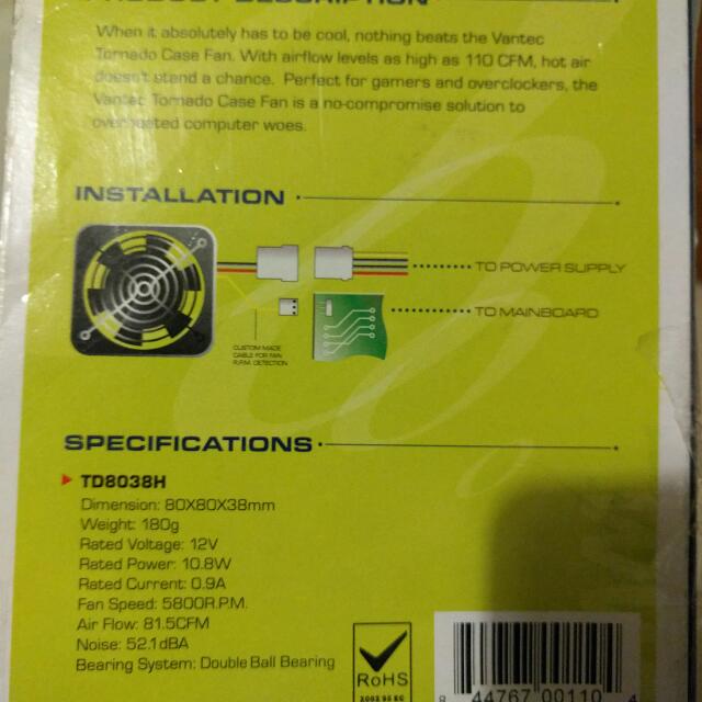 Vantec Tornado 80mm 12v Fan., Computers & Tech, Parts & Accessories, Cables & Adaptors on Carousell