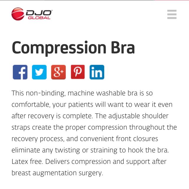 DJO Medical Compression Bra Breast Surgery Augmentation Support Cancer ...