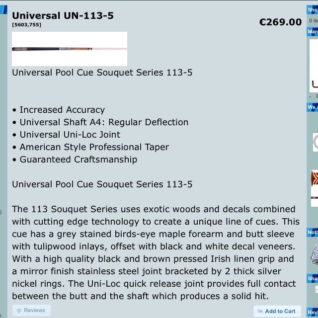 Universal Pool Cue UN113-5, Sports Equipment, Sports & Games, Billiards ...