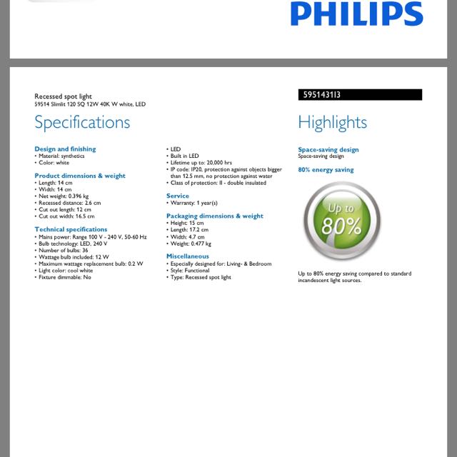 Philips Slimlit LED downlight (Model 59514-12W / Warm White), Furniture ...