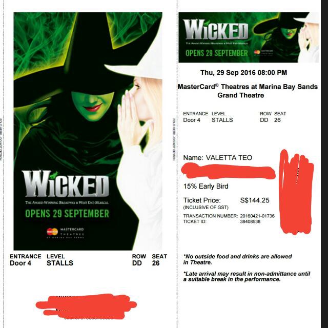 Wicked Musical Tickets, Tickets & Vouchers, Event Tickets on Carousell