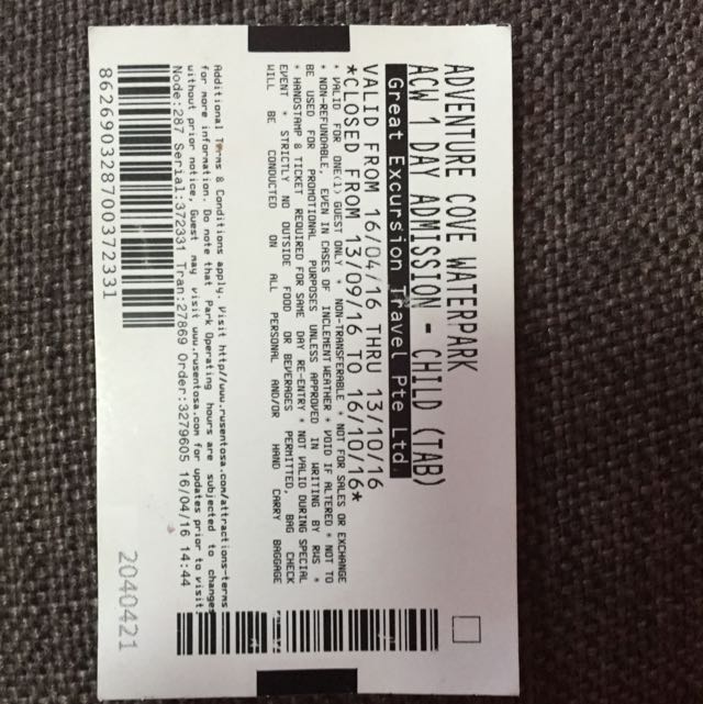 Adventure Cove Waterpark Ticket for Child, Tickets & Vouchers, Local ...