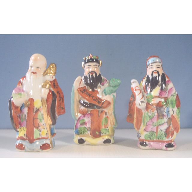 Vintage Chinese ceramic statues 3 immortals Fu Lu Shou feng shui c mid ...