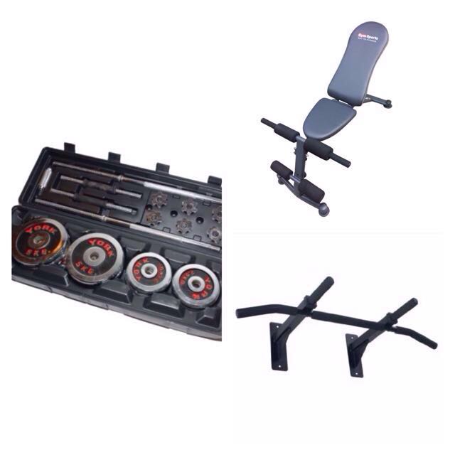 Wall mount pull up bar, gym bench(foldable), barbell set 50kg, Sports ...
