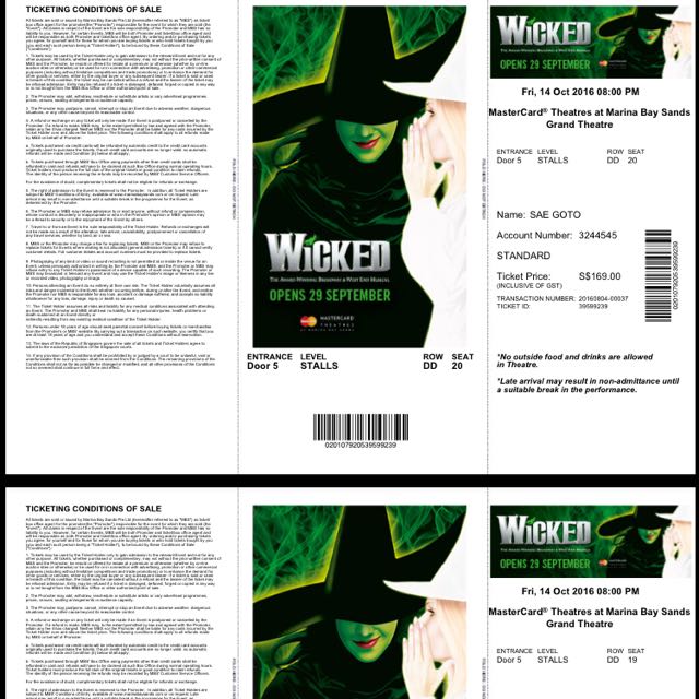 Wicked Musical Ticket, Tickets & Vouchers, Event Tickets on Carousell