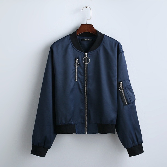 Satin metal ring zipper bomber jacket, Women's Fashion, Coats, Jackets ...