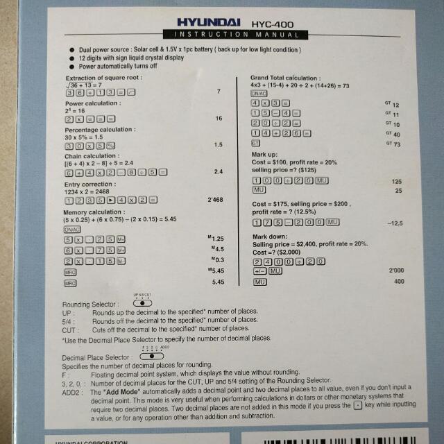 Hyundai HYC-400 Calculator, Computers & Tech, Office & Business ...