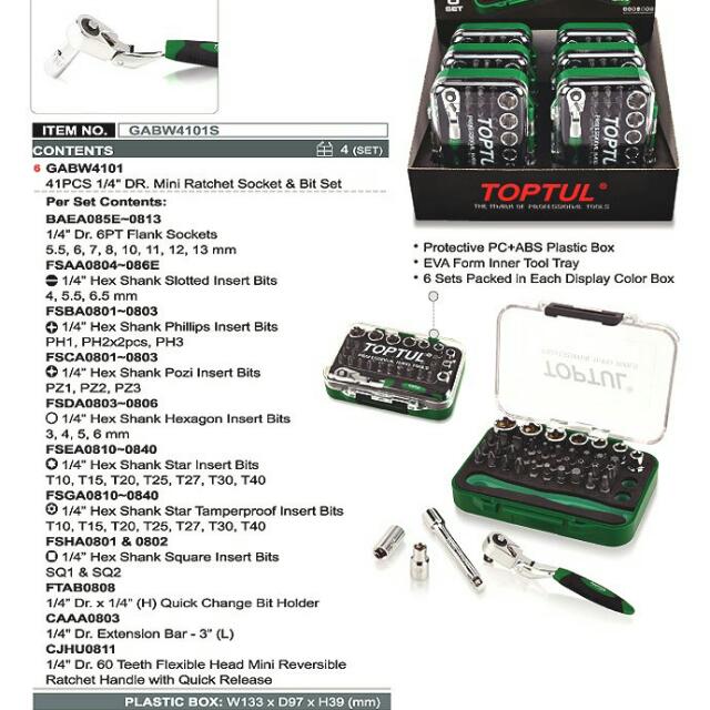 Toptul 41 Pcs 1/4" DR. Mini Ratchet Socket & Bit Set With Display Box ...
