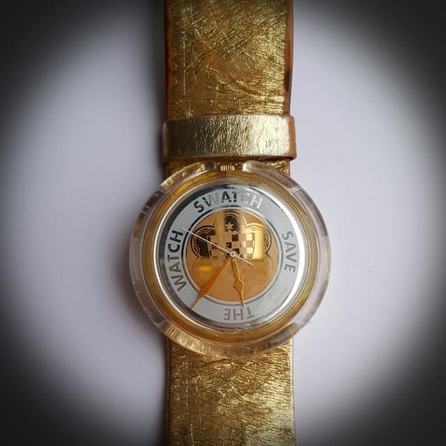 SWATCH POP out Watch With Gold Genuine Leather Strap, Mobile Phones ...