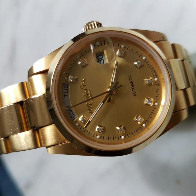 New German MZ1 Watch Co 23K Gold Plated Day/Date Auto Men Gem Watch ...
