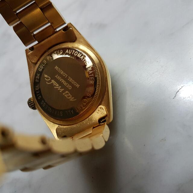 New German MZ1 Watch Co 23K Gold Plated Day/Date Auto Men Gem Watch ...