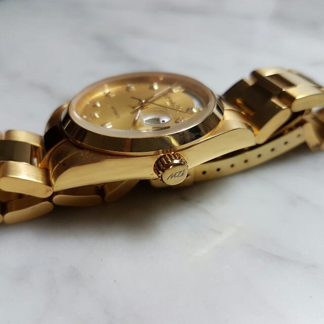 New German MZ1 Watch Co 23K Gold Plated Day/Date Auto Men Gem Watch ...