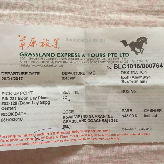 Grassland Bus Ticket from Singapore Boon Lay to Ipoh, Tickets ...