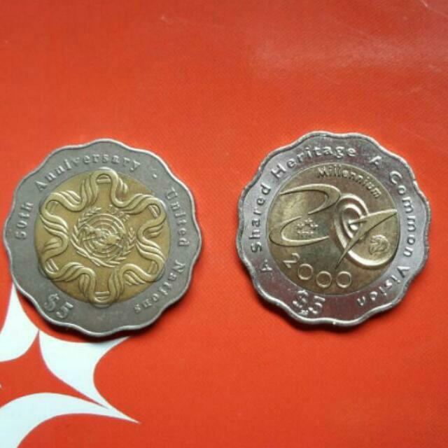 SINGAPORE'S $5 UNC COINS * 2000 MILLENNIUM YEAR & * UNITED NATIONS 50TH ...