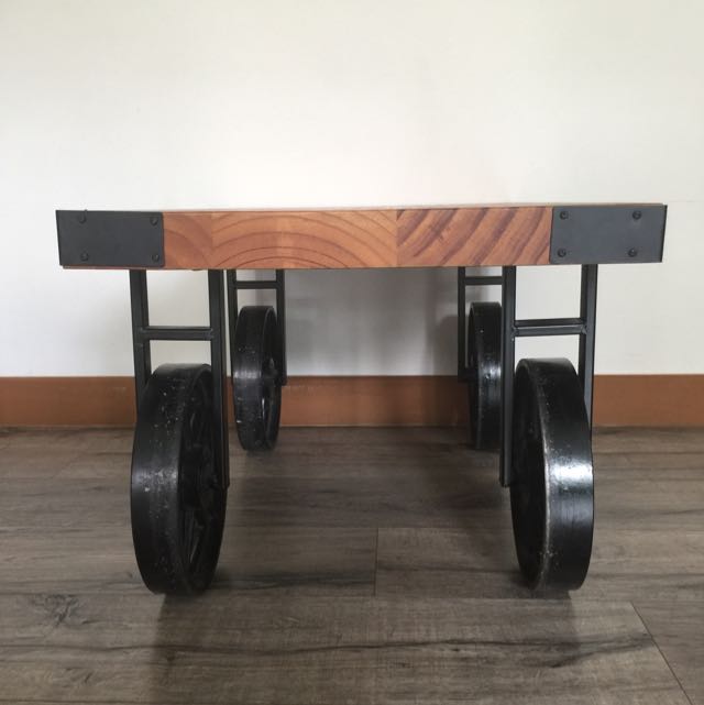 Vintage Coffee Table with Industrial Rustic Railroad Cart Wheeled ...