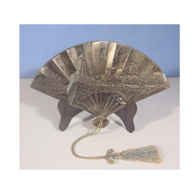 Vintage Japanese metal fan raised relief mt fuji castle cherry blossom ...