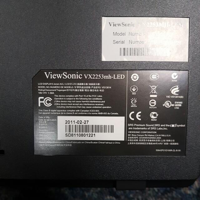 ViewSonic VX2253mh-LED Full HD 1080p Monitor, Computers & Tech, Parts ...