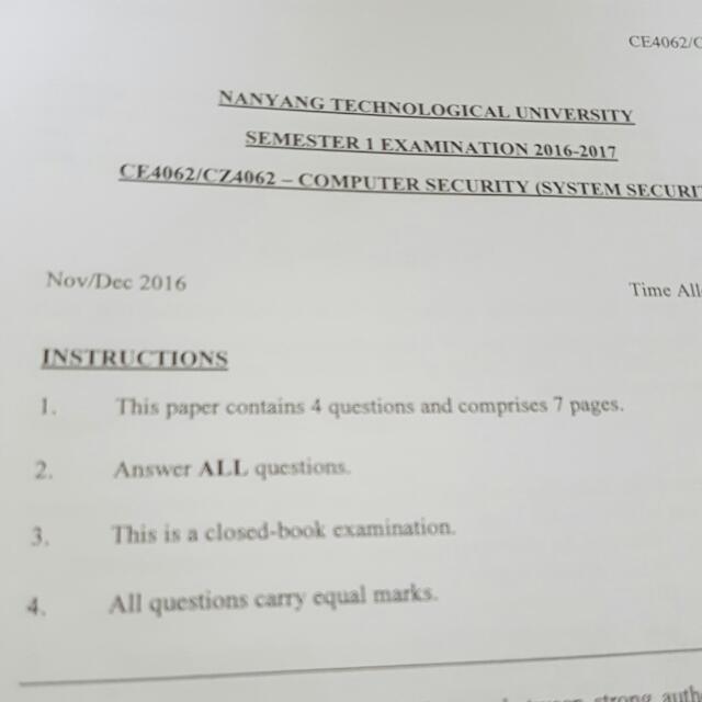 CE/CZ4062 Computer Security NTU SCE SCSE Computer Science, Hobbies & Toys, Books & Magazines ...