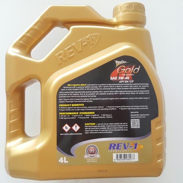 REV-1 SynPro Gold Fully Synthetic Engine Oil SAE 5W-40, API SN/CF (4L ...