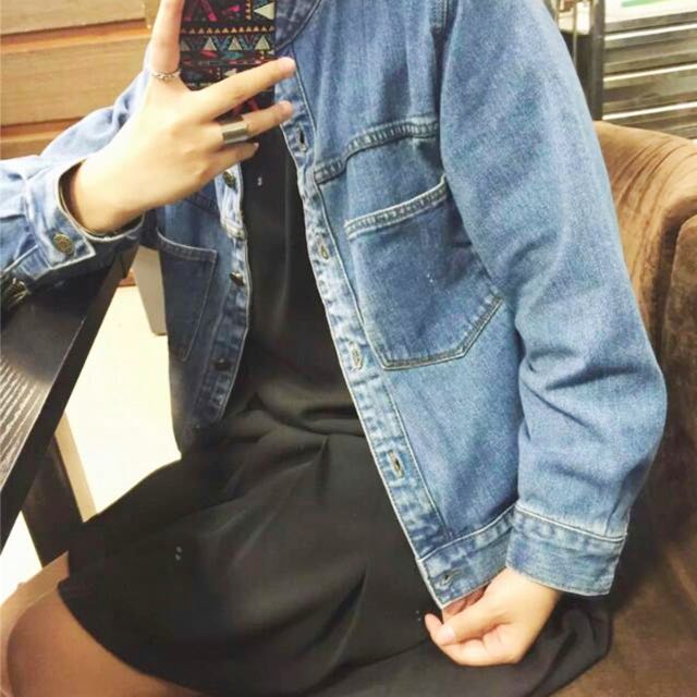 Oversized blue denim mandarin collar jacket, Women's Fashion, Coats ...
