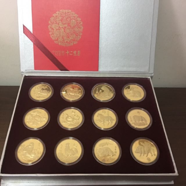 Complete set of 12 pcs chinese lunar zodiac 24K gold plated coin ...