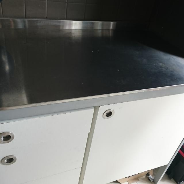 Ikea Designer 2 Bottom Kitchen Units With Steel Countertop & 2 Black ...