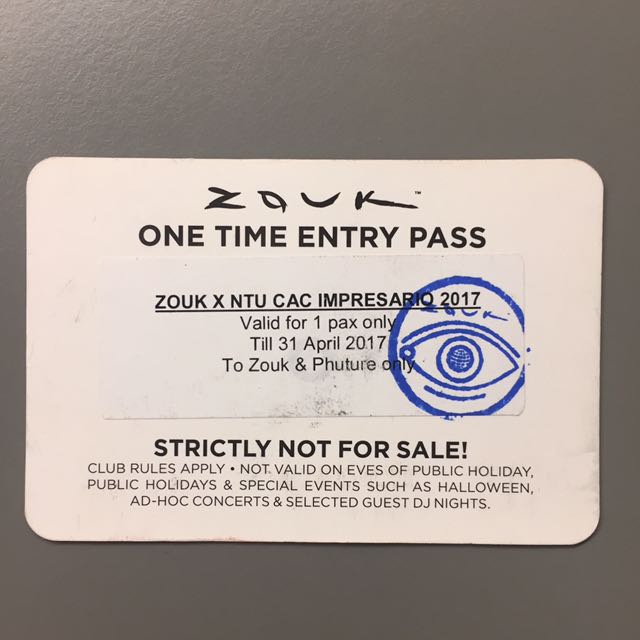 Zouk 1-time Entry Tickets, Tickets & Vouchers, Event Tickets on Carousell